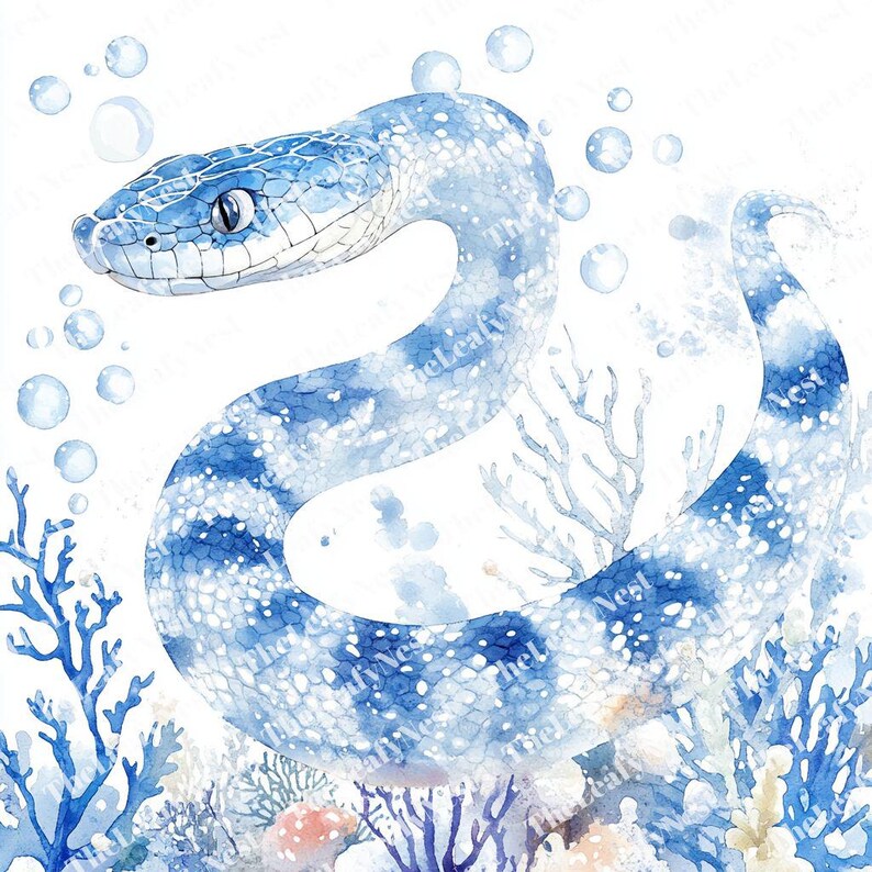 Watercolor Sea Snake Clipart: Blue Silver Ocean Reptile (JPG & PNG ...