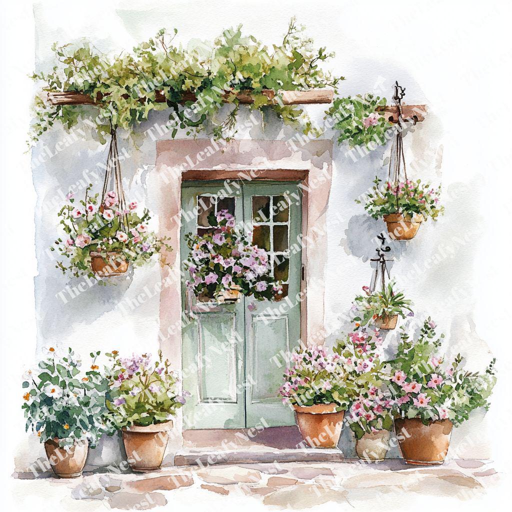 11 Watercolor Floral Door Clipart, Pastel Door With Spring Flowers ...