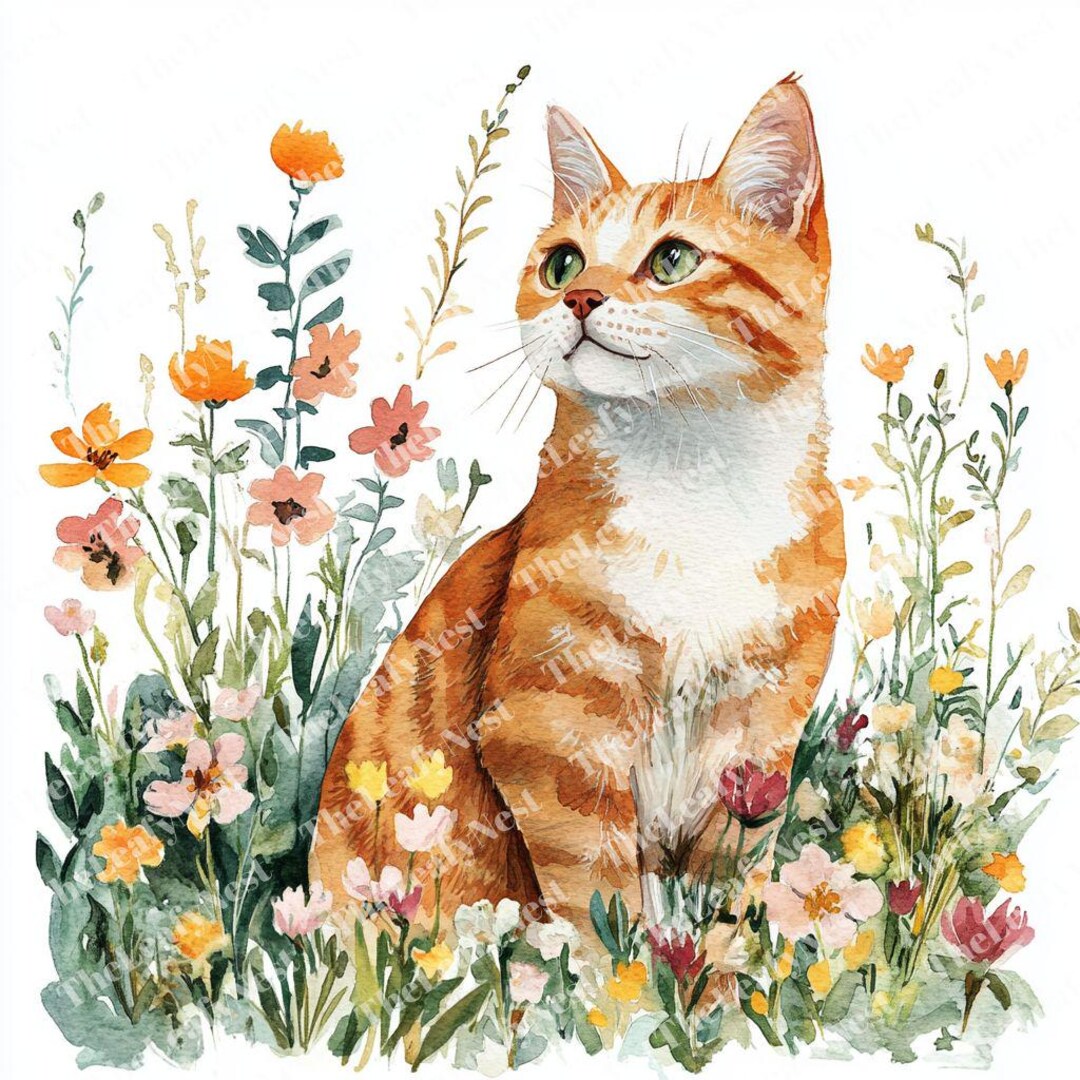 10 Spring Cat Clipart, Curious Cat With Flowers Clipart, Printable ...
