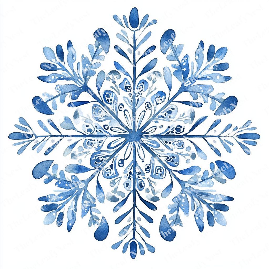 17 Icy Blue Snowflake Clipart, Watercolor Christmas Clip Art, Nordic ...