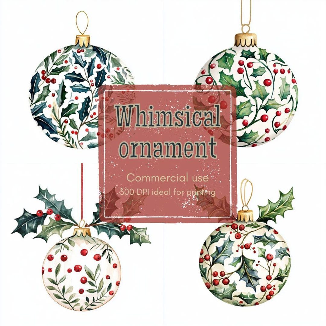 15 Holly Ornament Clipart, Watercolor Christmas Clip Art, Scandinavian ...