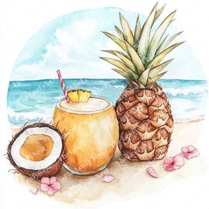 13 Tropical Drink Clipart, Coconut Pineapple Clipart, Beach Scene ...