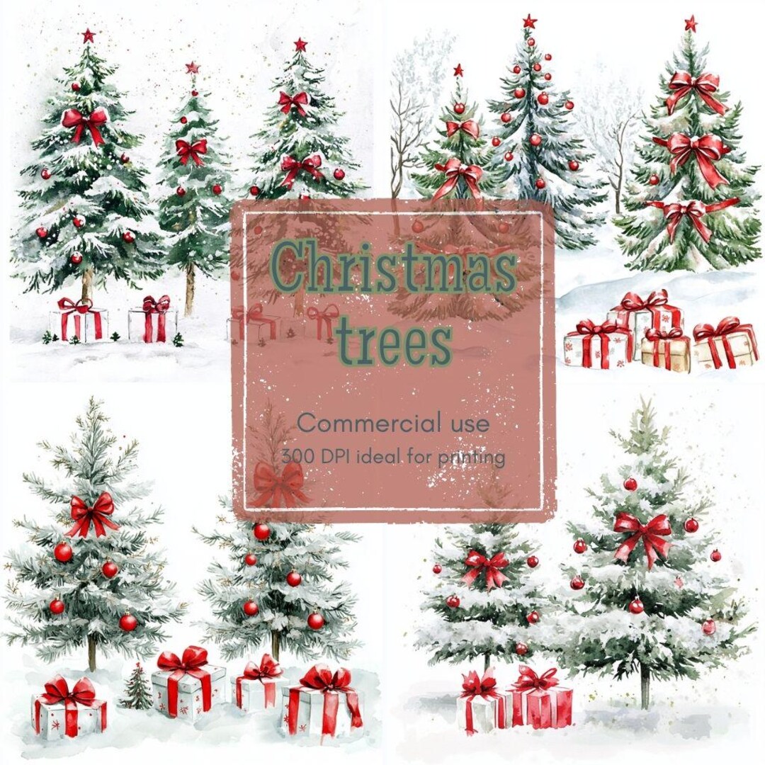 24 Snowy Pine Tree Clipart, Watercolor Christmas Clip Art, Festive ...