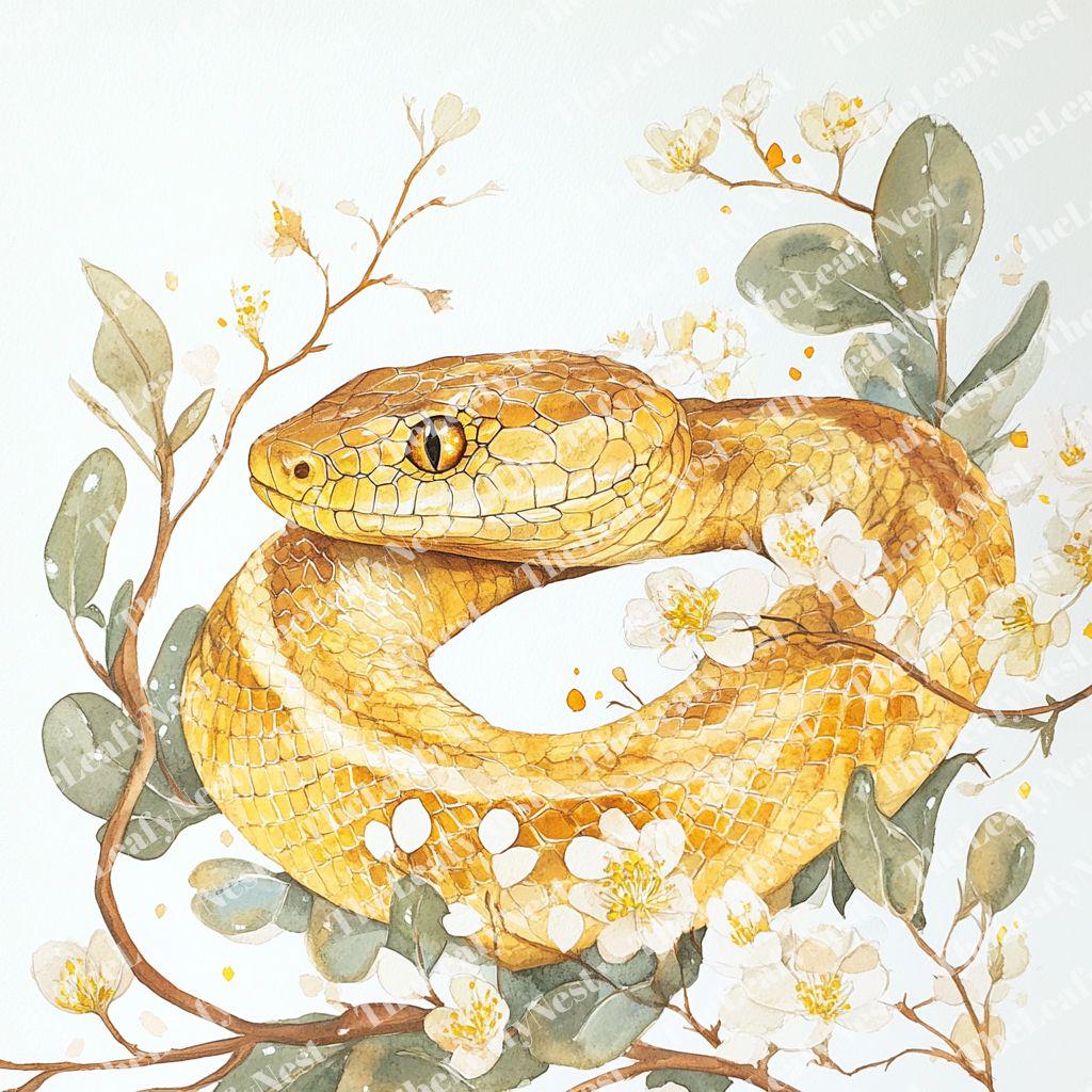 Golden Snake Watercolor Clipart: Floral Reptile Art (JPG & PNG Digital ...