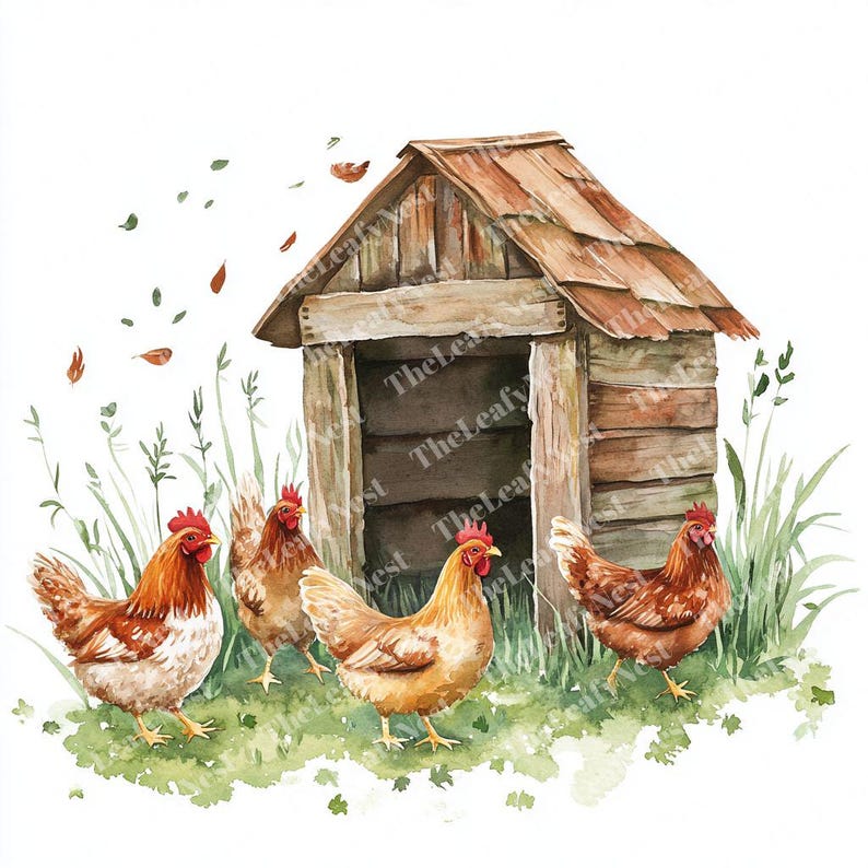 15 Watercolor Chicken Coop Clipart, Farm Animal Clip Art, Homestead ...
