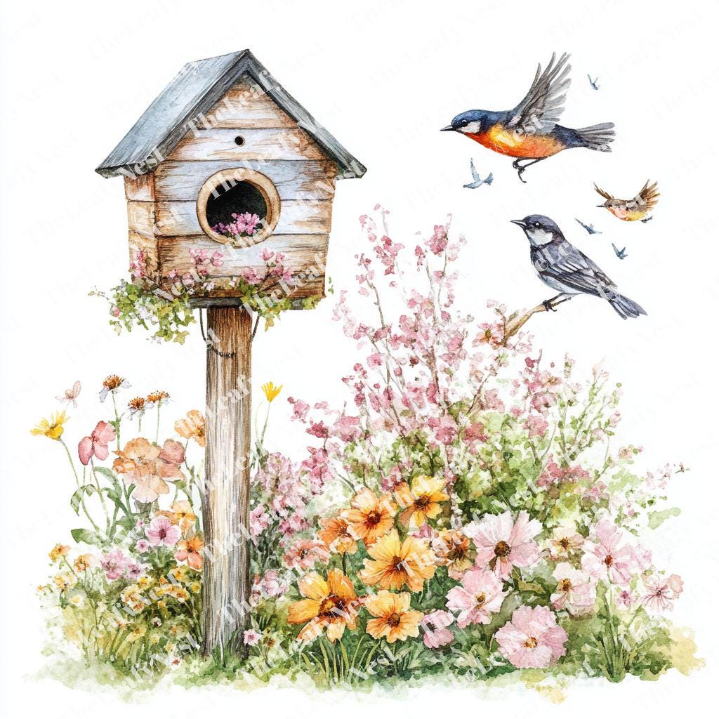 5 Watercolor Birdhouse Clipart, Rustic Birdhouse With Birds and Spring ...