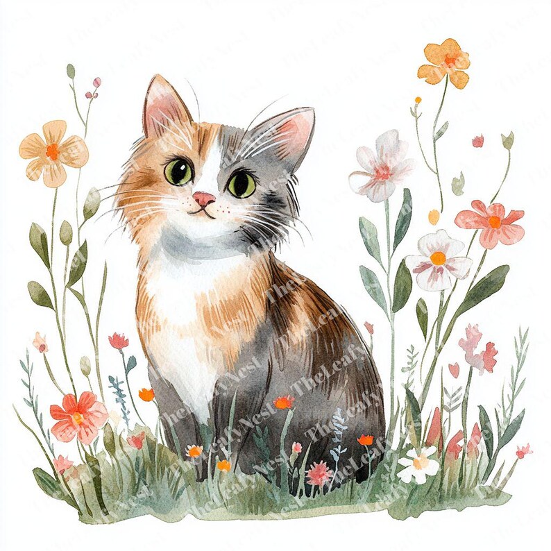 10 Spring Cat Clipart, Curious Cat With Flowers Clipart, Printable ...
