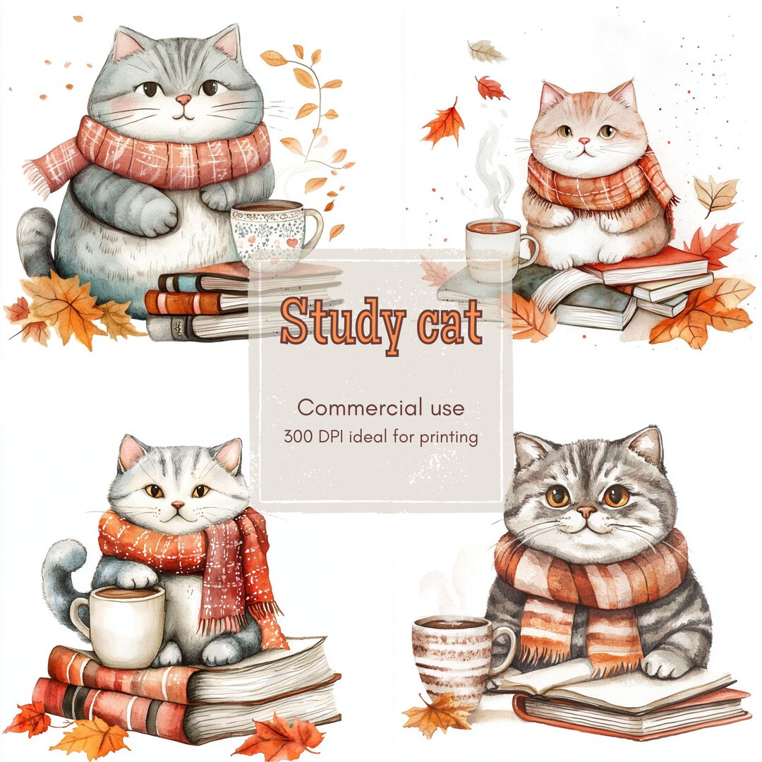 11 Autumn Cat Clipart, Cozy Scarf Cat Clipart, Fall Books & Cocoa ...