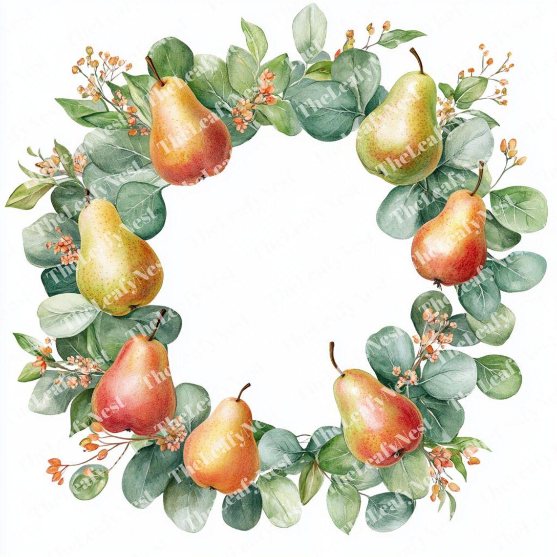 8 Pear Wreath Made of Pears and Flowers, Printable Watercolor Clipart ...
