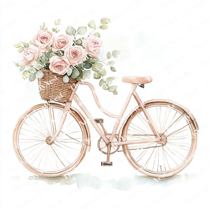 Watercolor Bicycle Clipart: Floral Basket, Pastel Bike (JPG & PNG ...