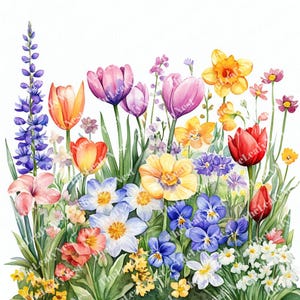 10 Spring Bloom Clipart 2, Watercolor Flower Bed Clipart, Printable ...