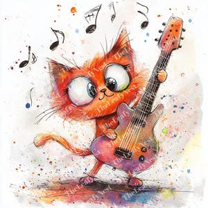 Rockstar Cat Watercolor Clipart: Funny Guitar Kitty Jpgs (digital ...