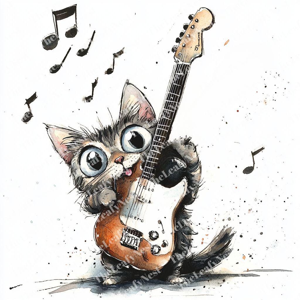 Rockstar Cat Watercolor Clipart: Funny Guitar Kitty Jpgs (digital ...