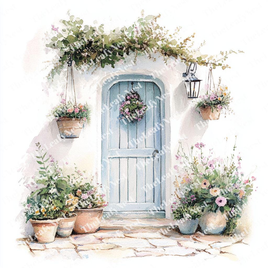 11 Watercolor Floral Door Clipart, Pastel Door With Spring Flowers ...