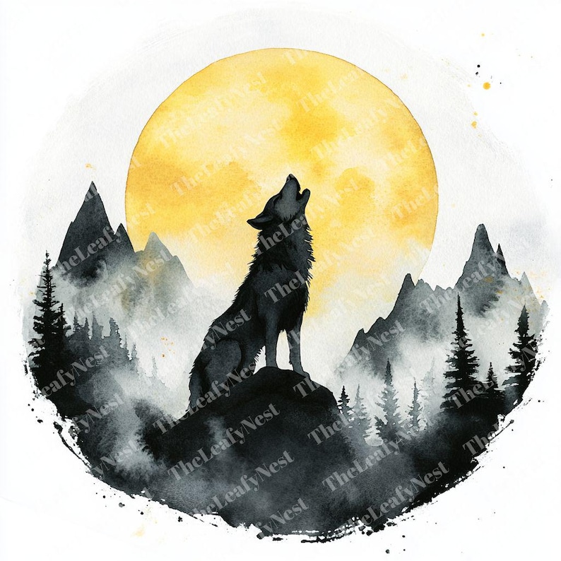 Howling Wolf Watercolor Clipart: Moonlit Forest Scene (JPG & PNG ...