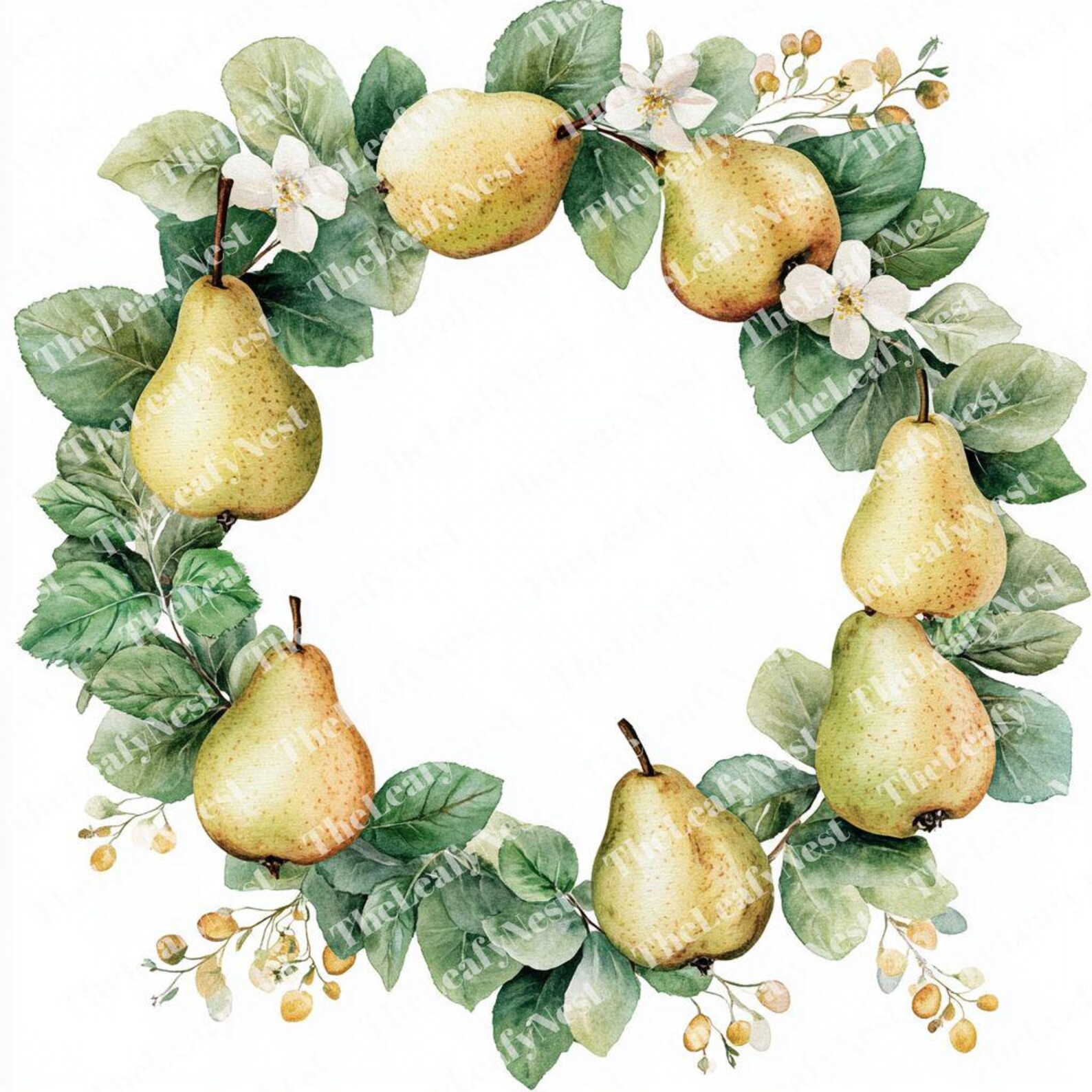 8 Pear Wreath Made of Pears and Flowers, Printable Watercolor Clipart ...