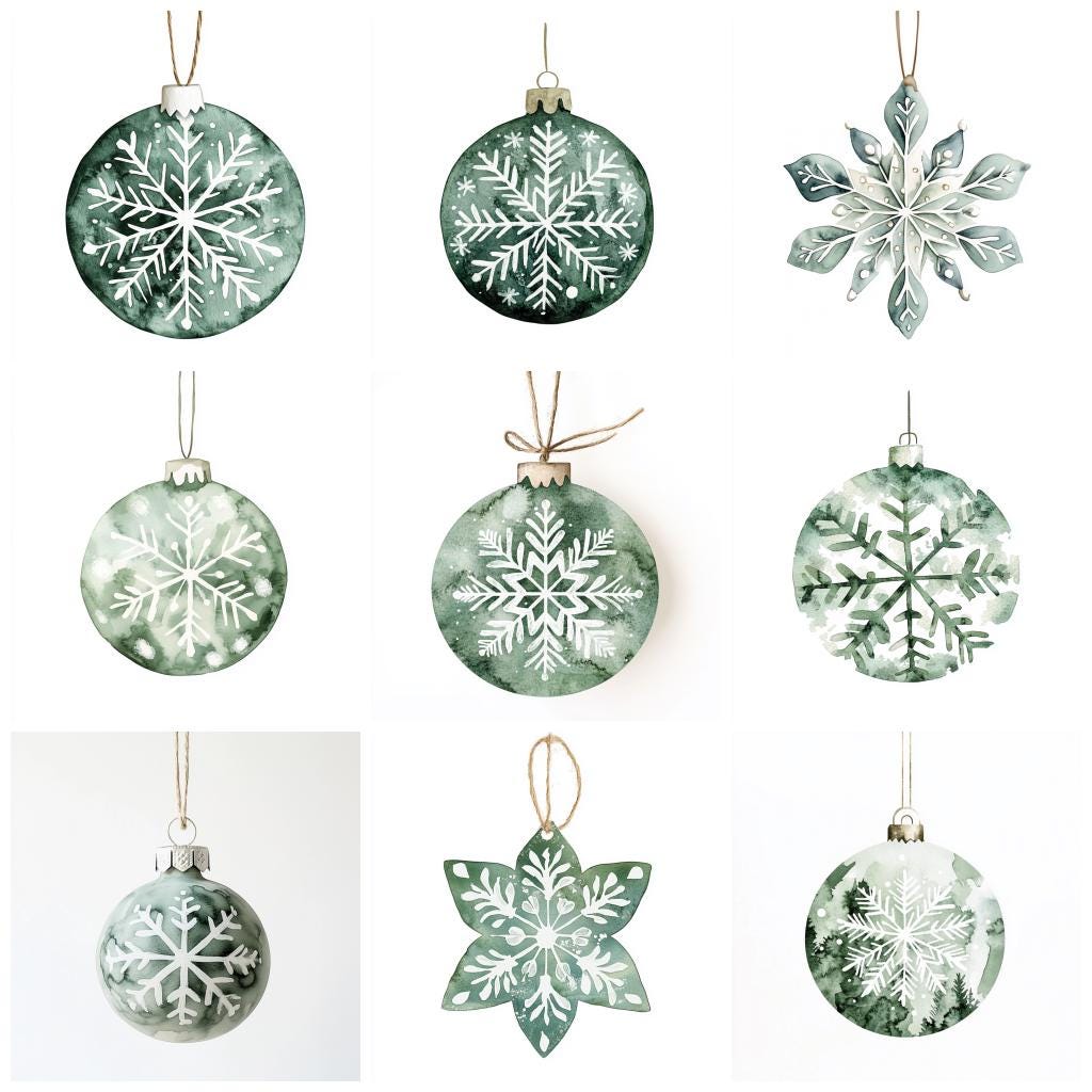 15 Green Ornament Clipart, Watercolor Christmas Clip Art, Scandinavian ...