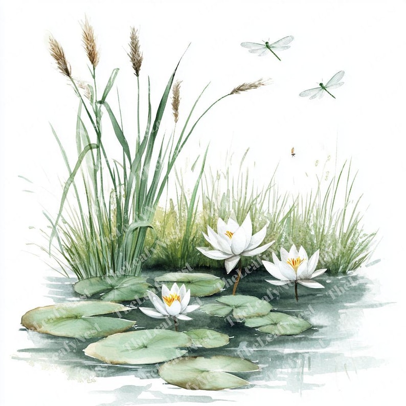 12 Pond Scene Clipart, Lily Pads and Dragonflies Clipart, Printable ...