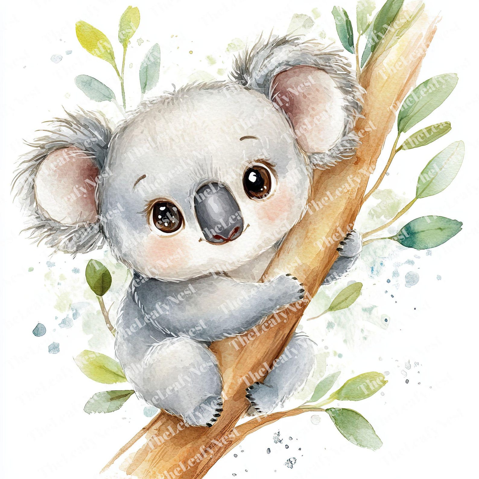 9 Koala Clinging to a Eucalyptus Cartoon Clipart, Printable Watercolor ...