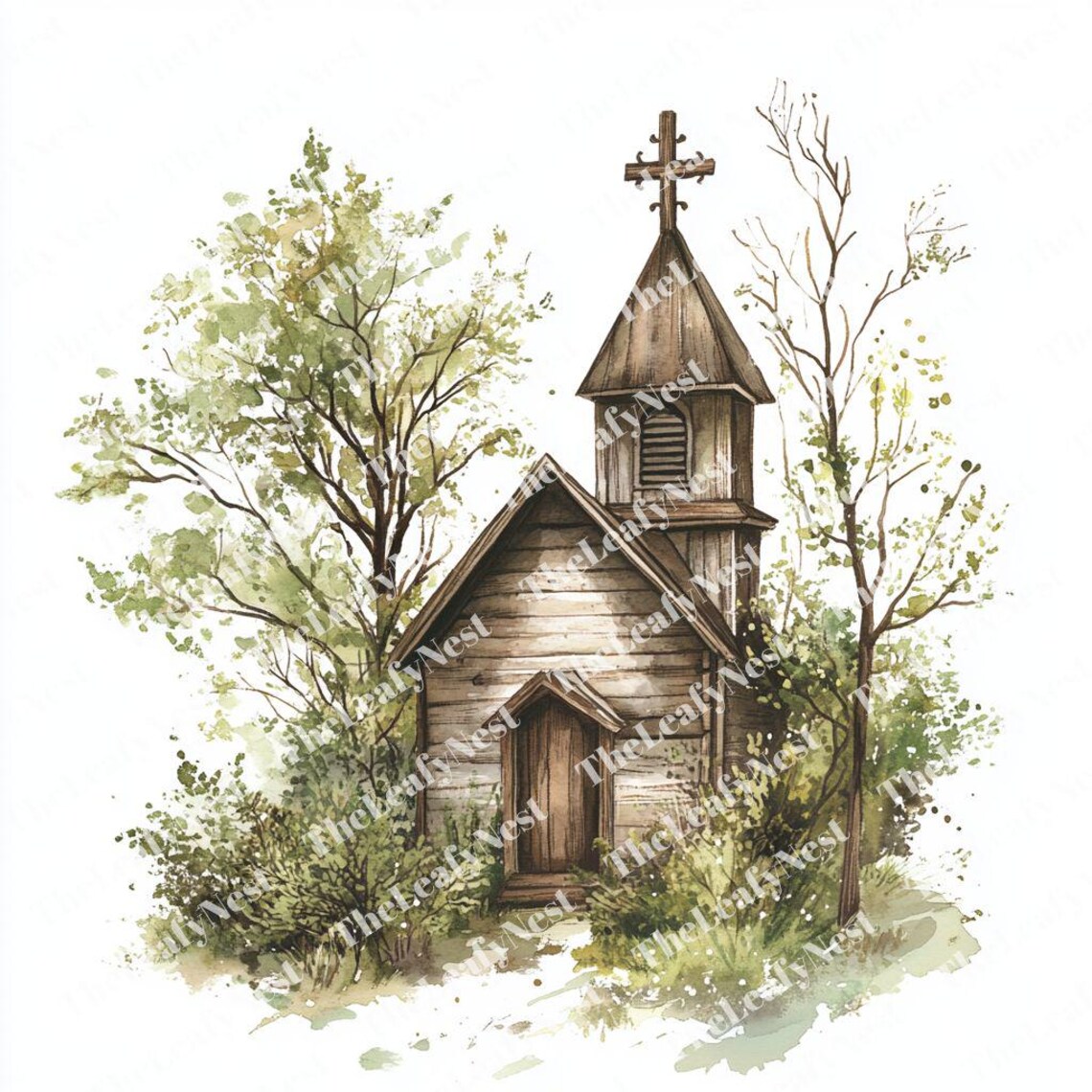 13 Rustic Chapel With Trees Clipart, Printable Watercolor Clipart, High ...