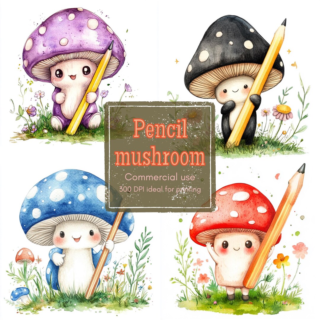 62 Pencil Mushroom Clipart, Cute Classroom Clipart, Drawing Cartoon ...