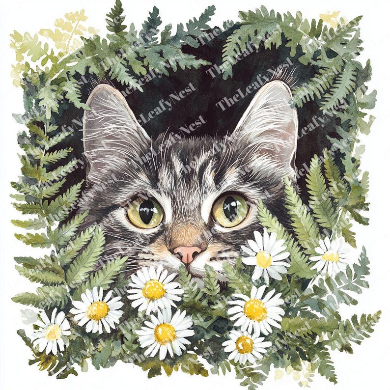 14 Curious Cat Clipart, Daisy Bush Cat Clipart, Forest Feline Clipart ...