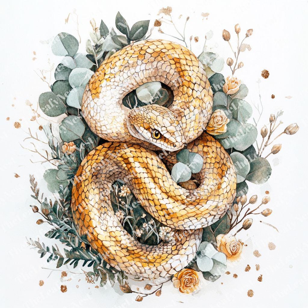 Golden Snake Watercolor Clipart: Floral Reptile Art (JPG & PNG Digital ...