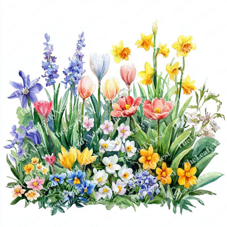 10 Spring Bloom Clipart 2, Watercolor Flower Bed Clipart, Printable ...