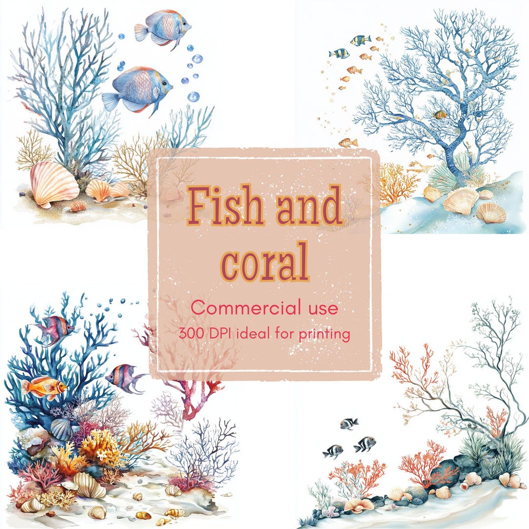 9 Underwater Scene Clipart, Coral Reef With Fish and Shells, Printable ...