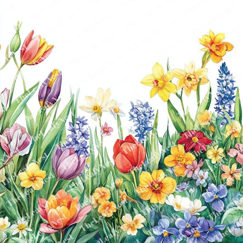 10 Spring Bloom Clipart 2, Watercolor Flower Bed Clipart, Printable ...