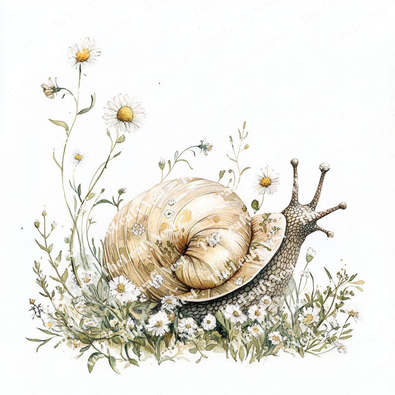 8 Whimsical Floral Snail Clipart, Watercolor Snail With Wildflower ...