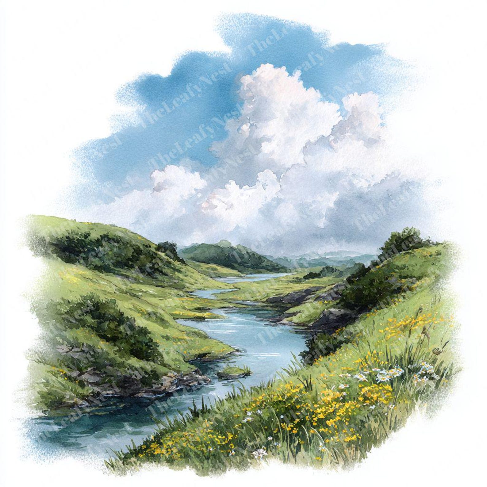 14 Watercolor River Hills Clipart, Nature Scene Clip Art, Landscape ...