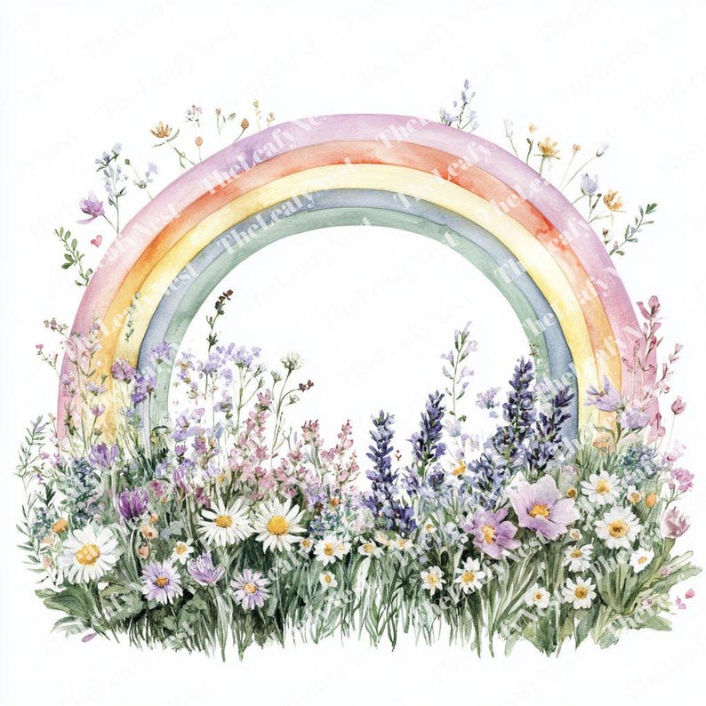 12 Pastel Rainbow With Wildflowers Clipart, Printable Watercolor ...