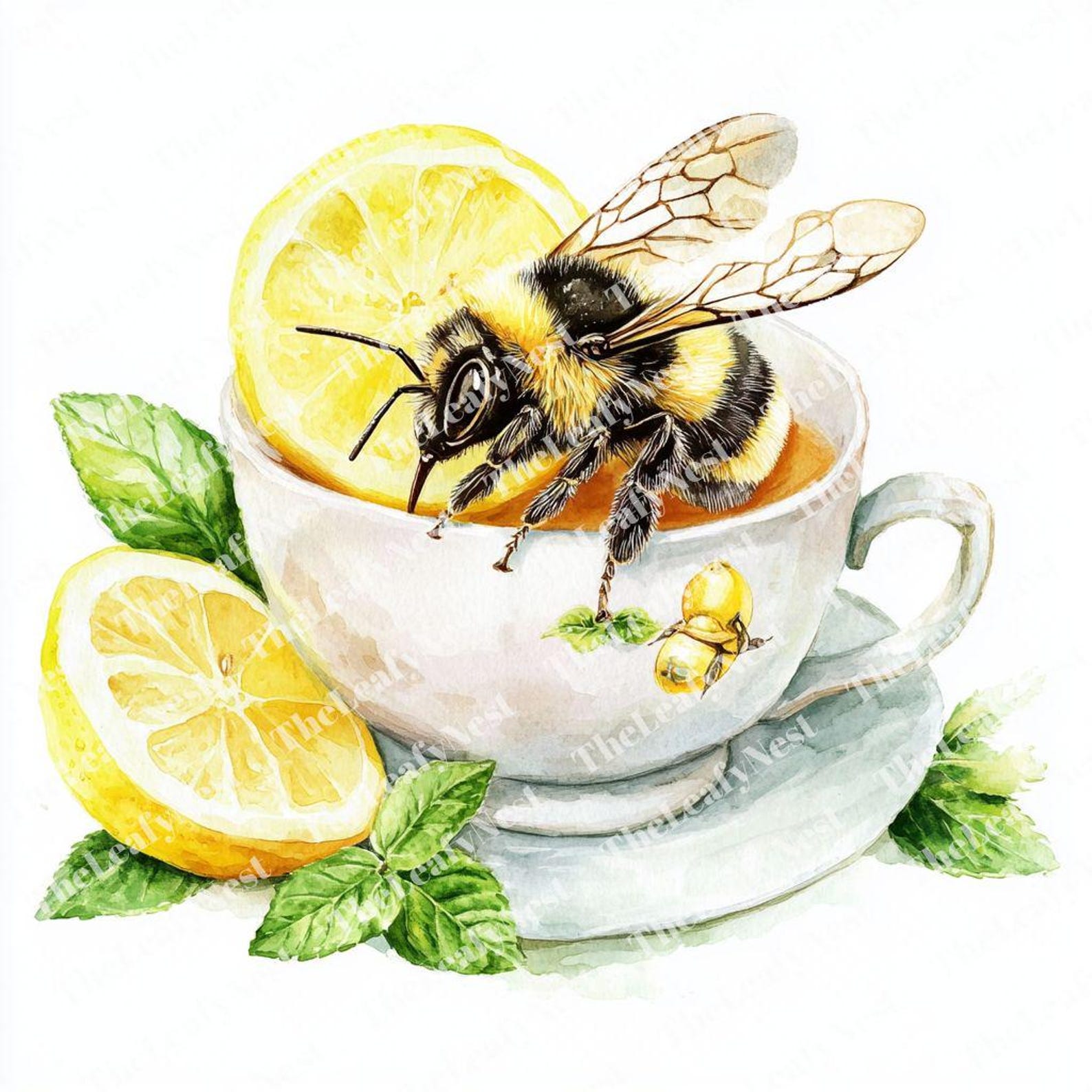 15 Teacup Bee Clipart, Lemon Mint Bee Clipart, Picnic Bee Illustration ...