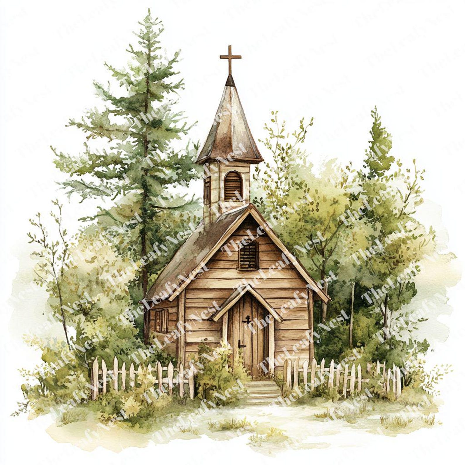 13 Rustic Chapel With Trees Clipart, Printable Watercolor Clipart, High ...