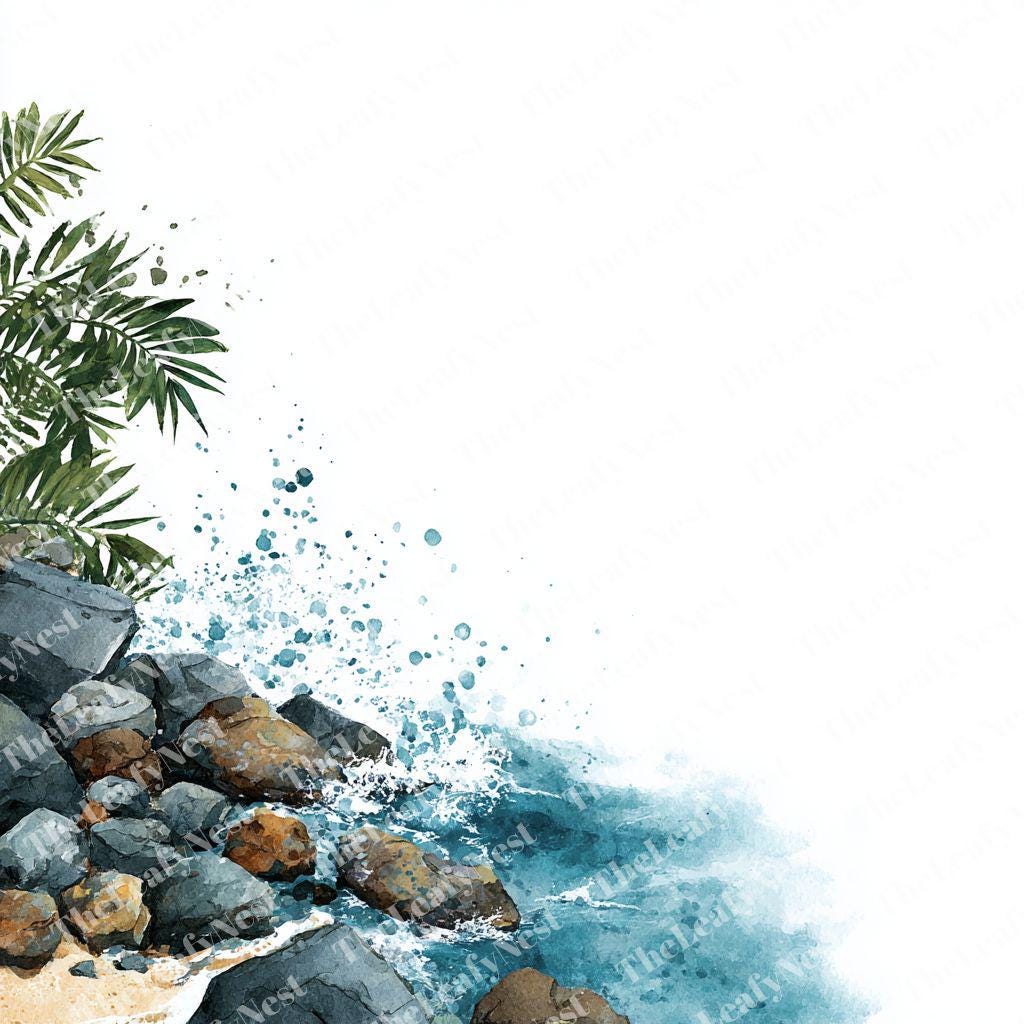 15 Rocky Beach Clipart, Ocean Splash Clipart, Palm Frond Clipart ...