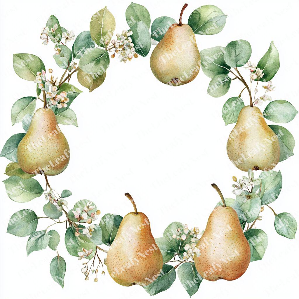 8 Pear Wreath Made of Pears and Flowers, Printable Watercolor Clipart ...