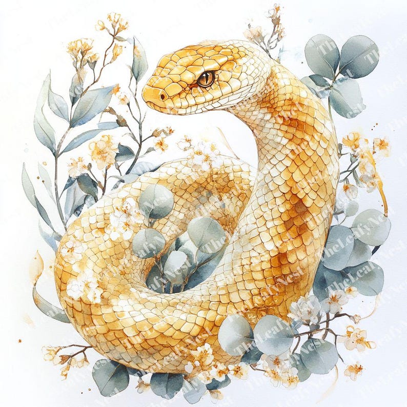 Golden Snake Watercolor Clipart: Floral Reptile Art (JPG & PNG Digital ...