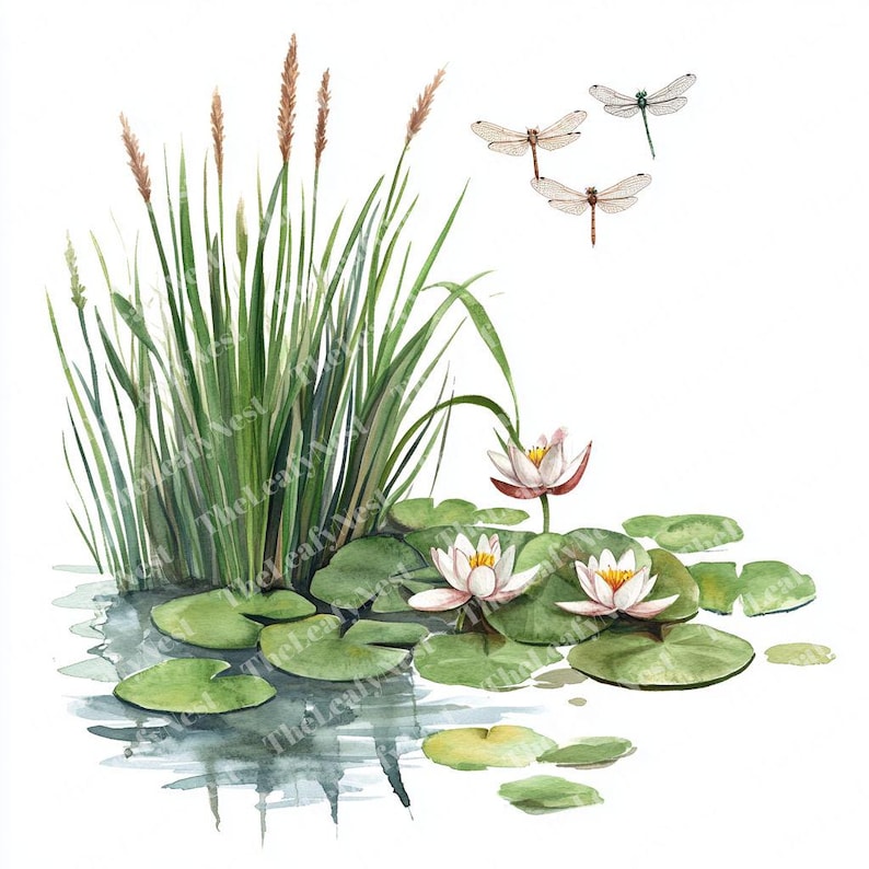12 Pond Scene Clipart, Lily Pads and Dragonflies Clipart, Printable ...