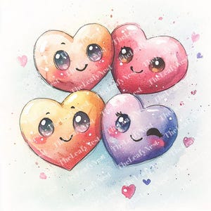 Cute Chibi Hearts Clipart | Watercolor Valentine's Art (digital ...