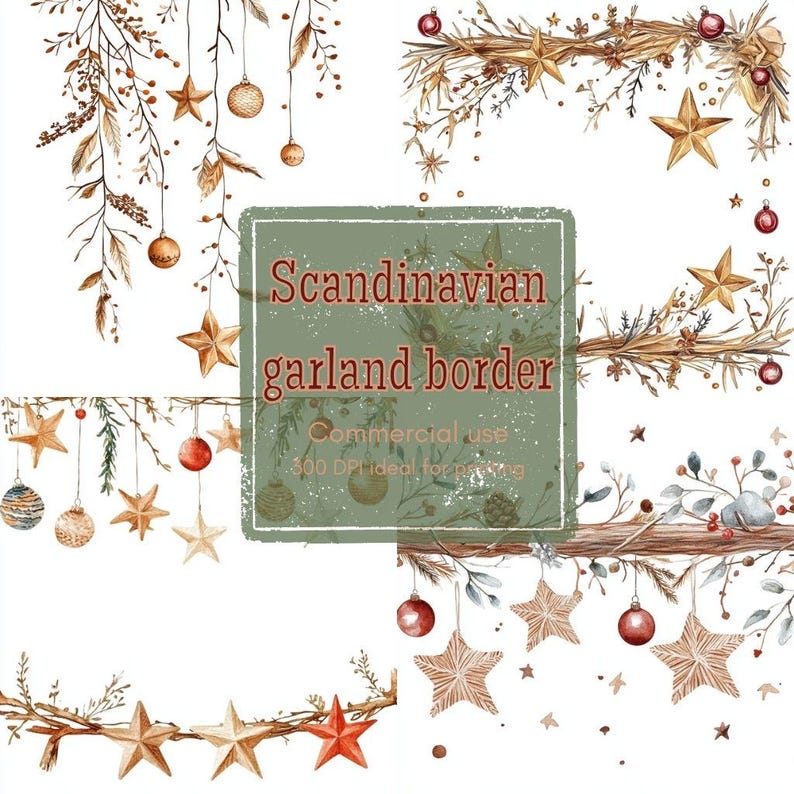 18 Scandinavian Garland Clipart, Watercolor Christmas Border Art ...