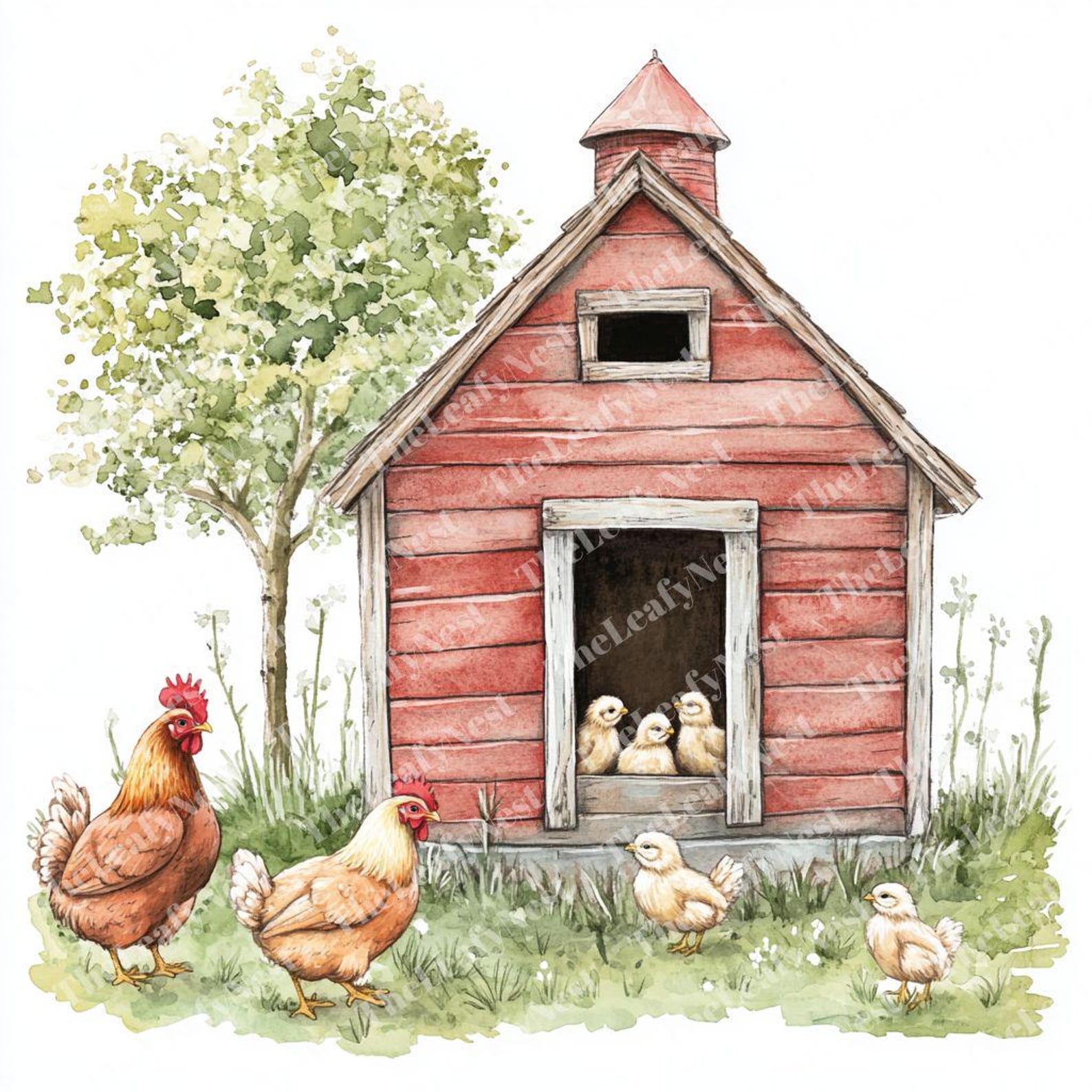 Watercolor Chicken Coop Clipart: Farm Animal Art (JPG & PNG Digital ...