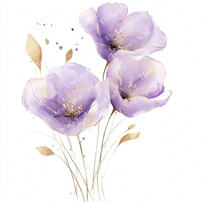 14 Lavender Flower Clipart, Gold Botanical, Elegant Floral, Printable ...