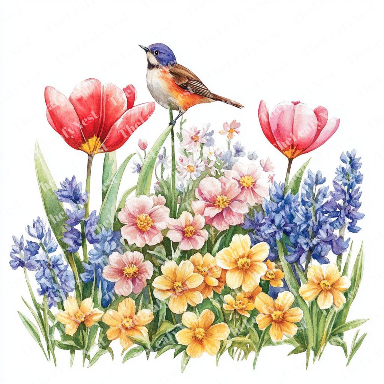 11 Spring Flower Bed Clipart, Bird and Bloom Garden Clipart, Printable ...