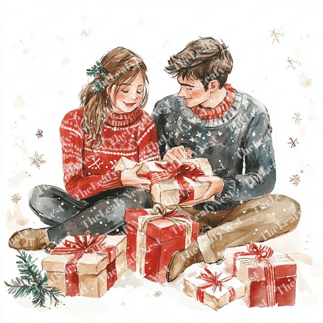 17 Christmas Couple Clipart, Watercolor Romantic Holiday Clip Art, Cozy ...