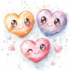 Cute Chibi Hearts Clipart | Watercolor Valentine's Art (digital ...