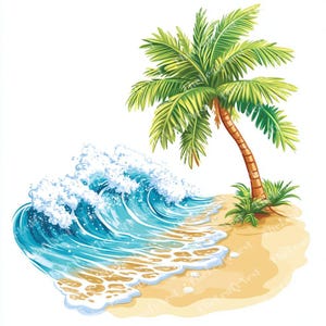 Tropical Beach Clipart: Watercolor Palm Trees, Ocean Waves (JPG & PNG ...