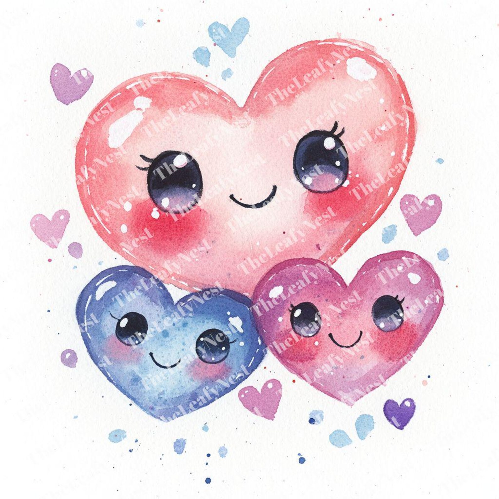 Cute Chibi Hearts Clipart | Watercolor Valentine's Art (digital ...