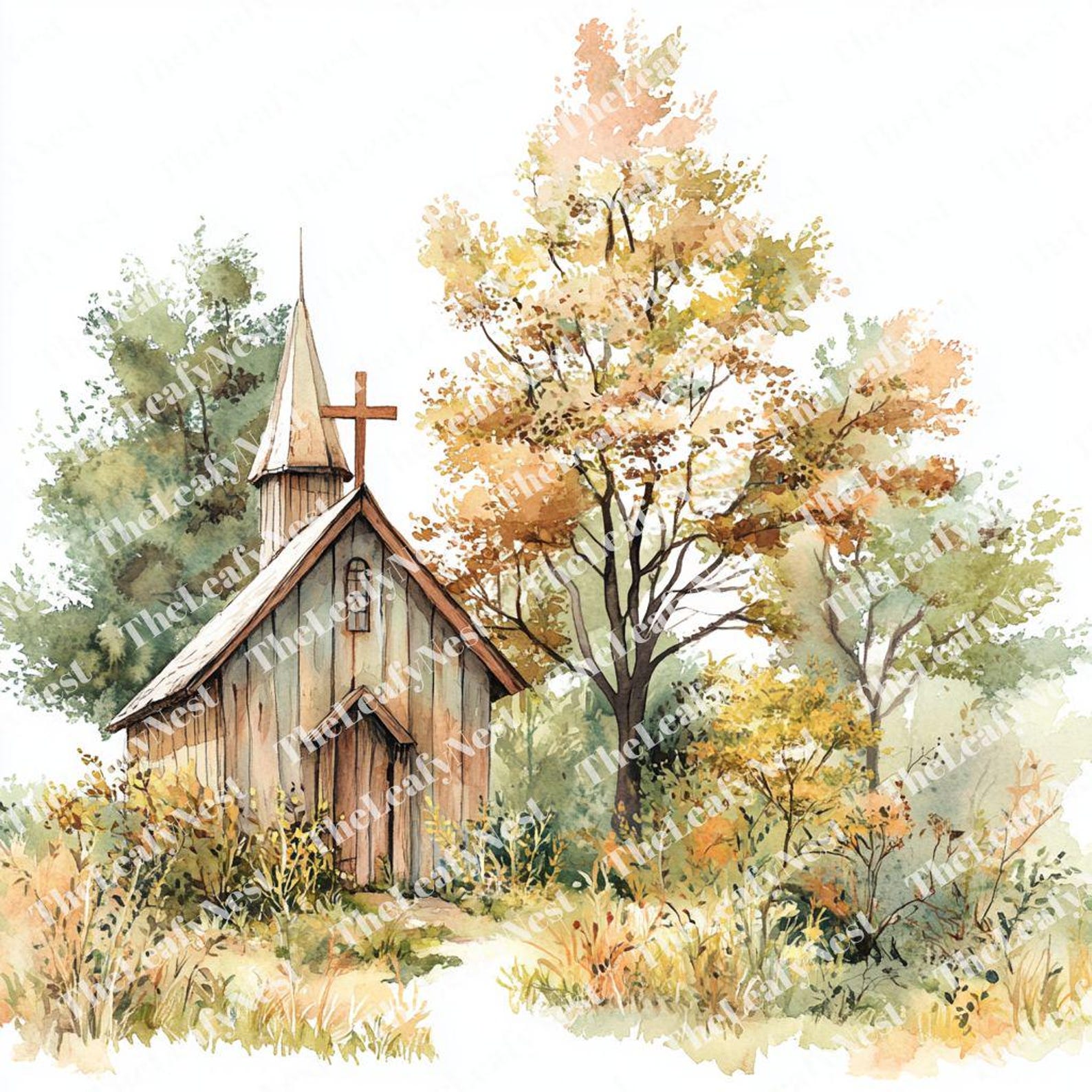 13 Rustic Chapel With Trees Clipart, Printable Watercolor Clipart, High ...