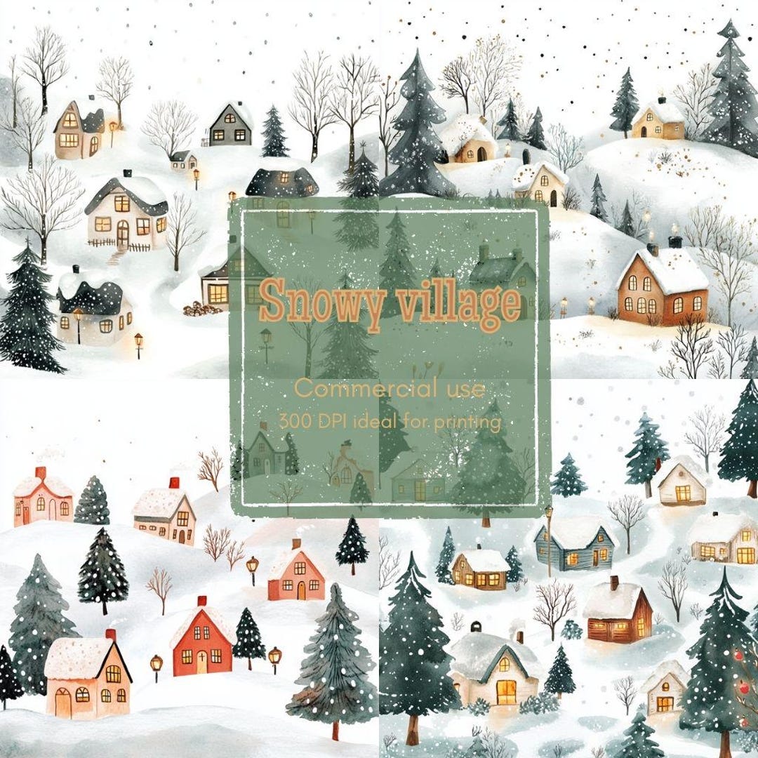 Watercolor Christmas Village Clipart: Snowy Scandinavian Landscape ...